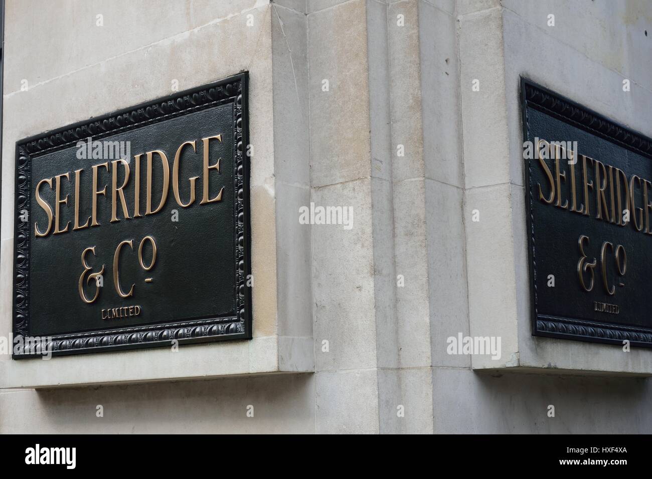 LONDON ENGLAND 13 March 2015: Bronze Selfridges Sign Stock Photo - Alamy