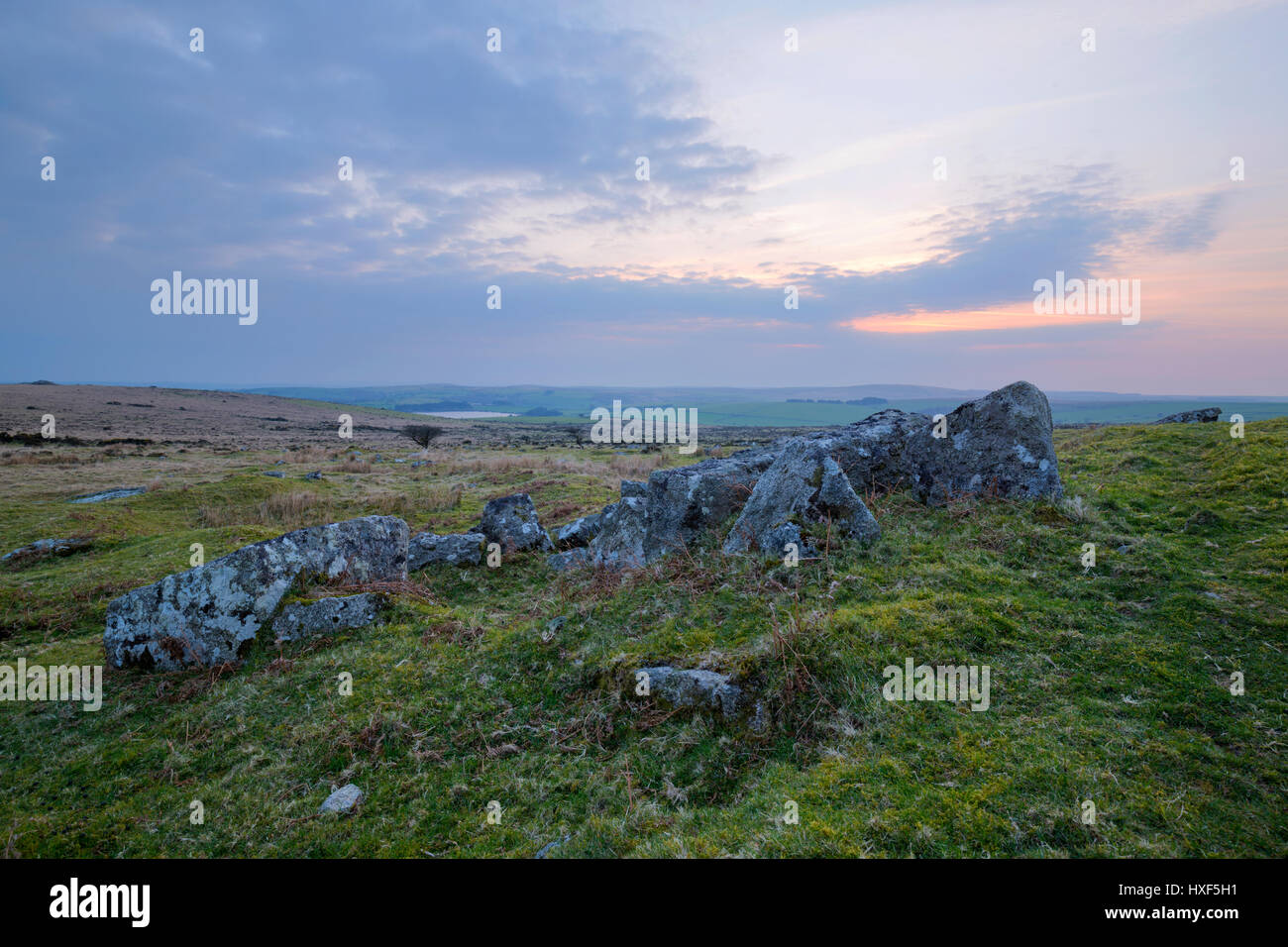 Sun setting high on Bodmin Moor, looking towards Siblyback Lake Stock ...