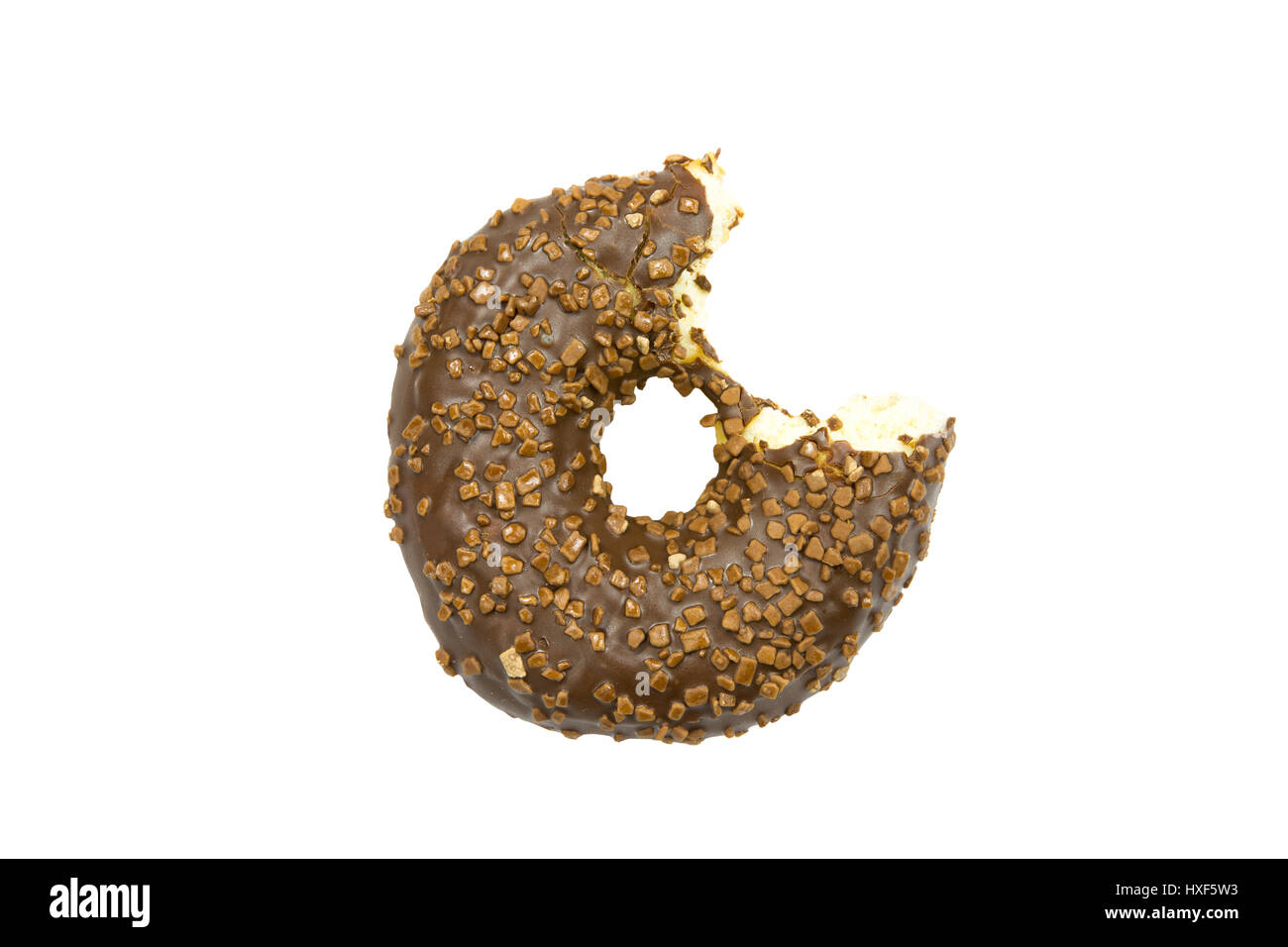 isolated bitten off fresh bakery doughnut with chocolate covered with ...