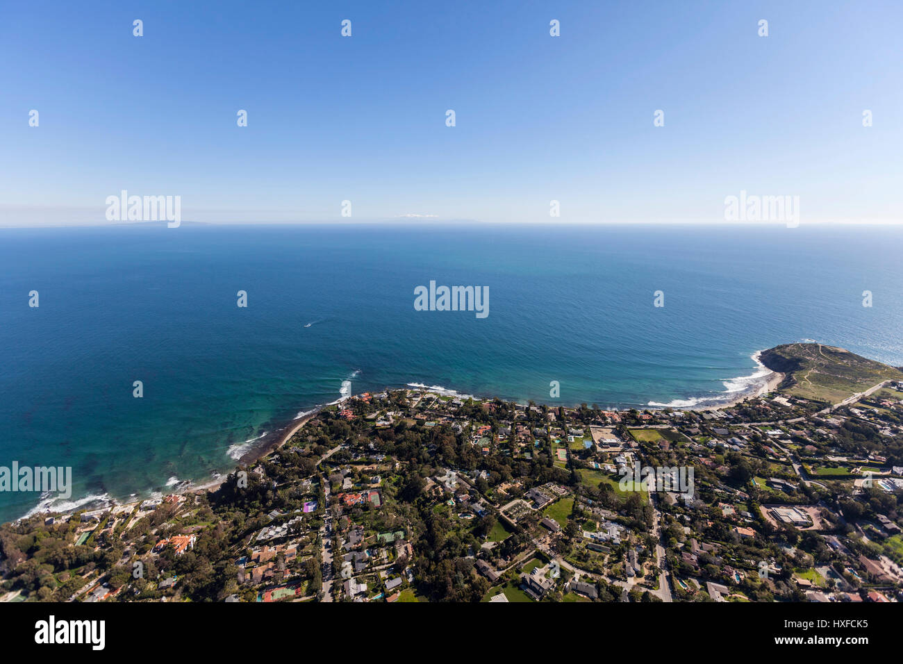 Aerial view of ocean view homes in the Point Dume neighborhood of ...