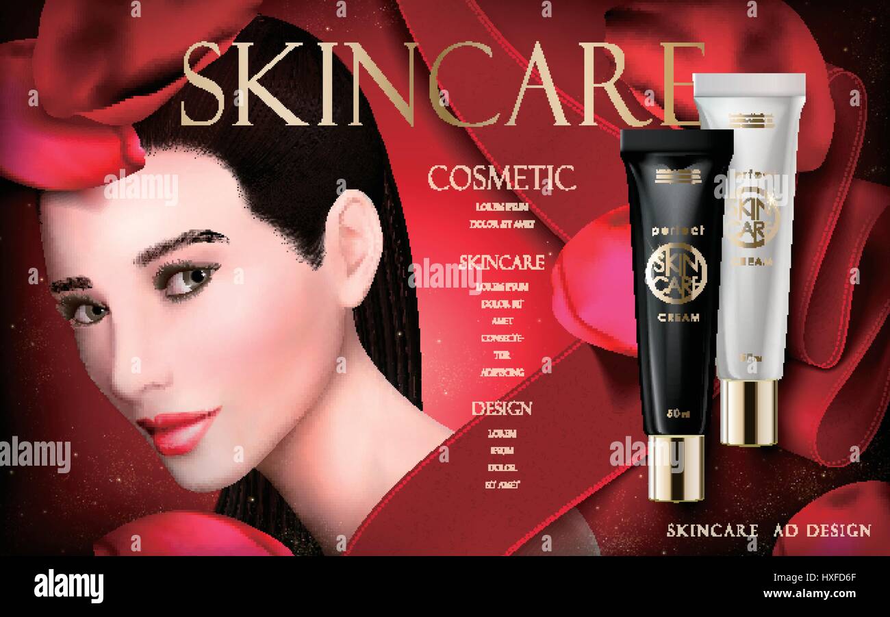 skincare cream ad, with model face and red ribbons, 3d illustration ...