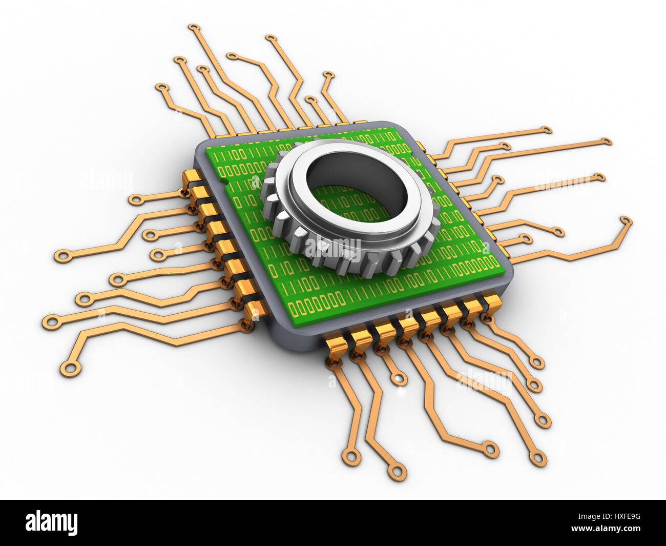 3d illustration of golden computer processor over white background with ...