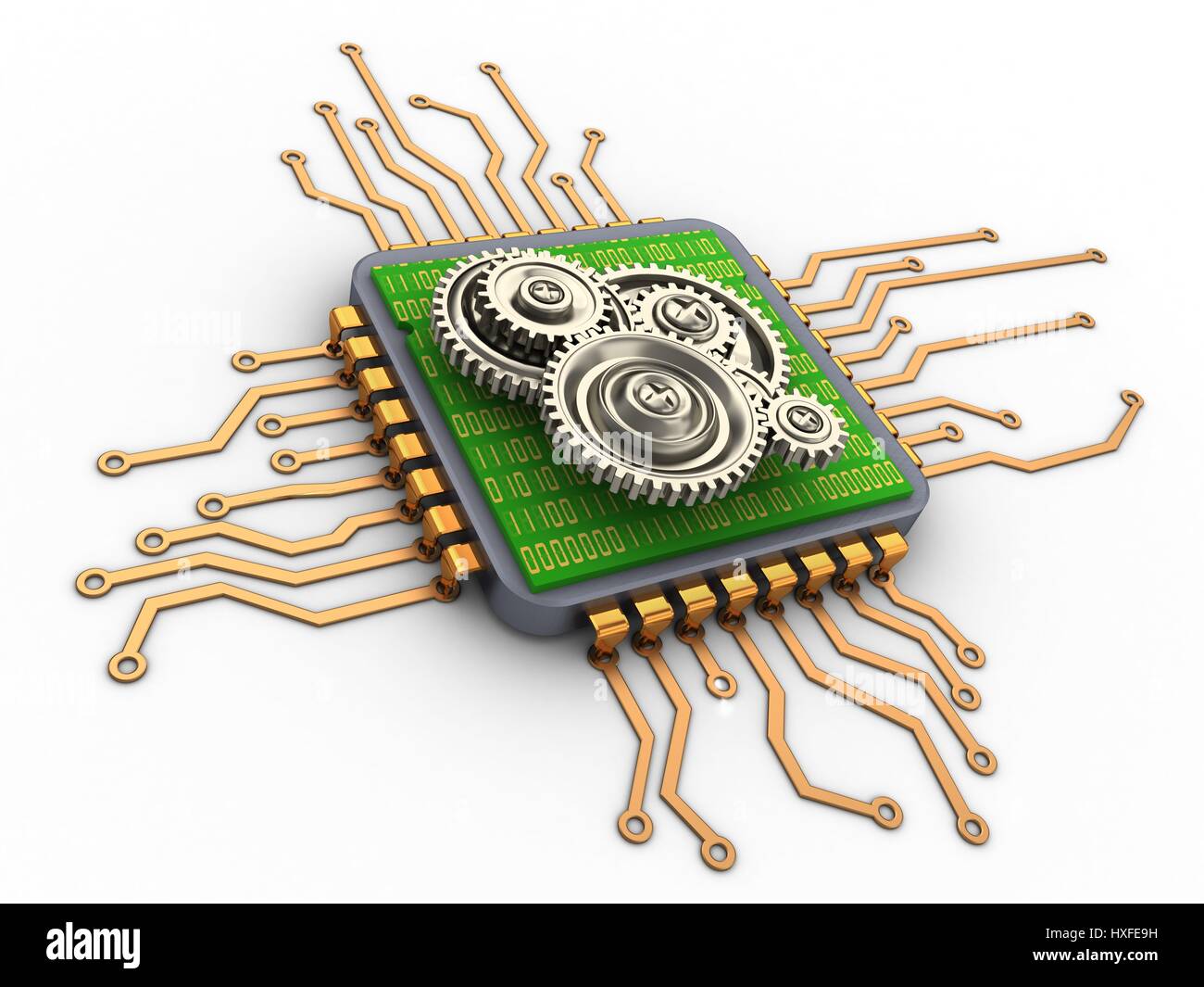 3d illustration of golden computer processor over white background with ...