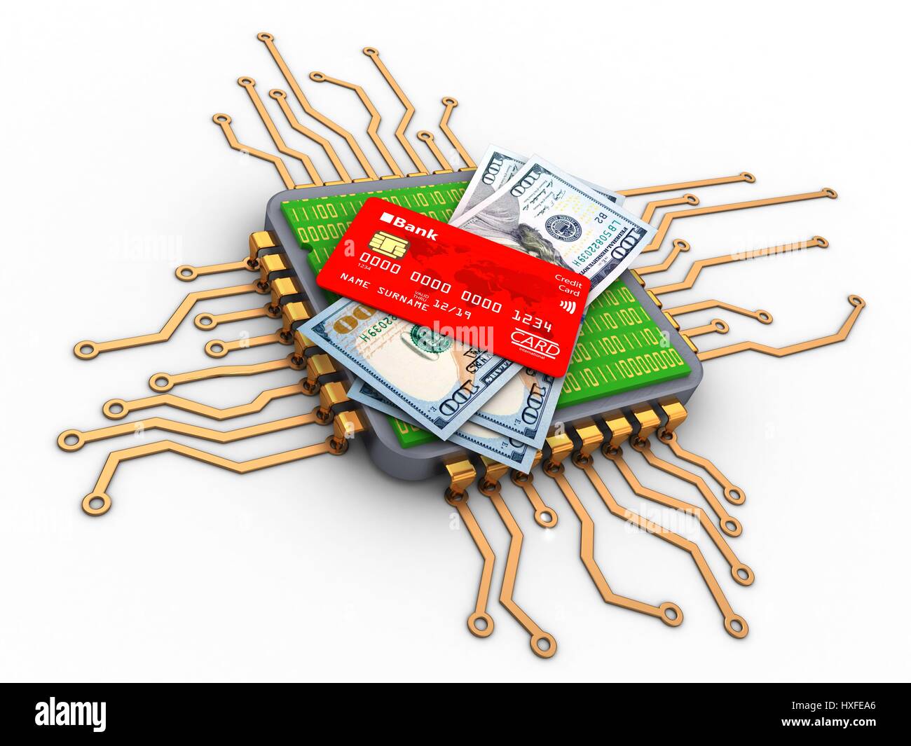 3d illustration of golden computer processor over white background with ...