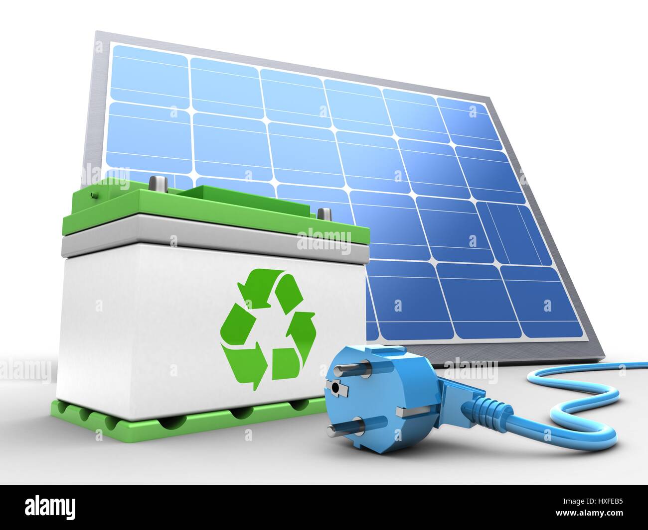 3d illustration of car battery over white background with solar panel ...