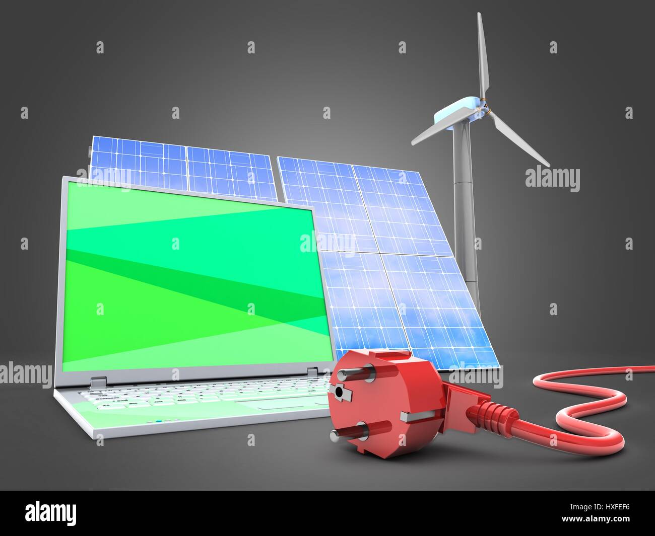 3d illustration of laptop computer over gray background with solar and ...