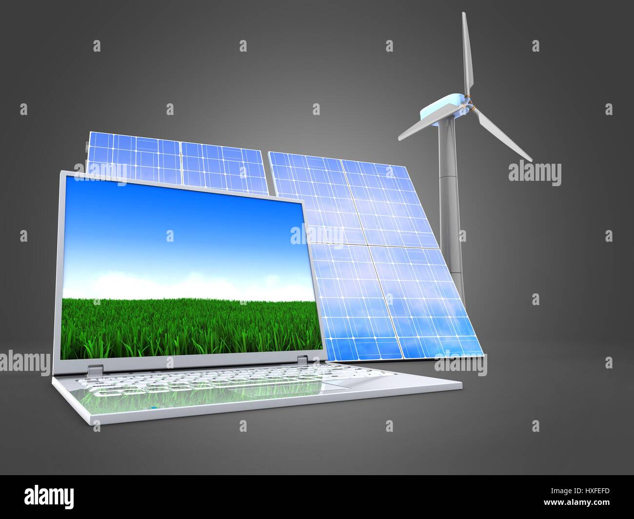 3d illustration of solar and wind energy over gray background with ...