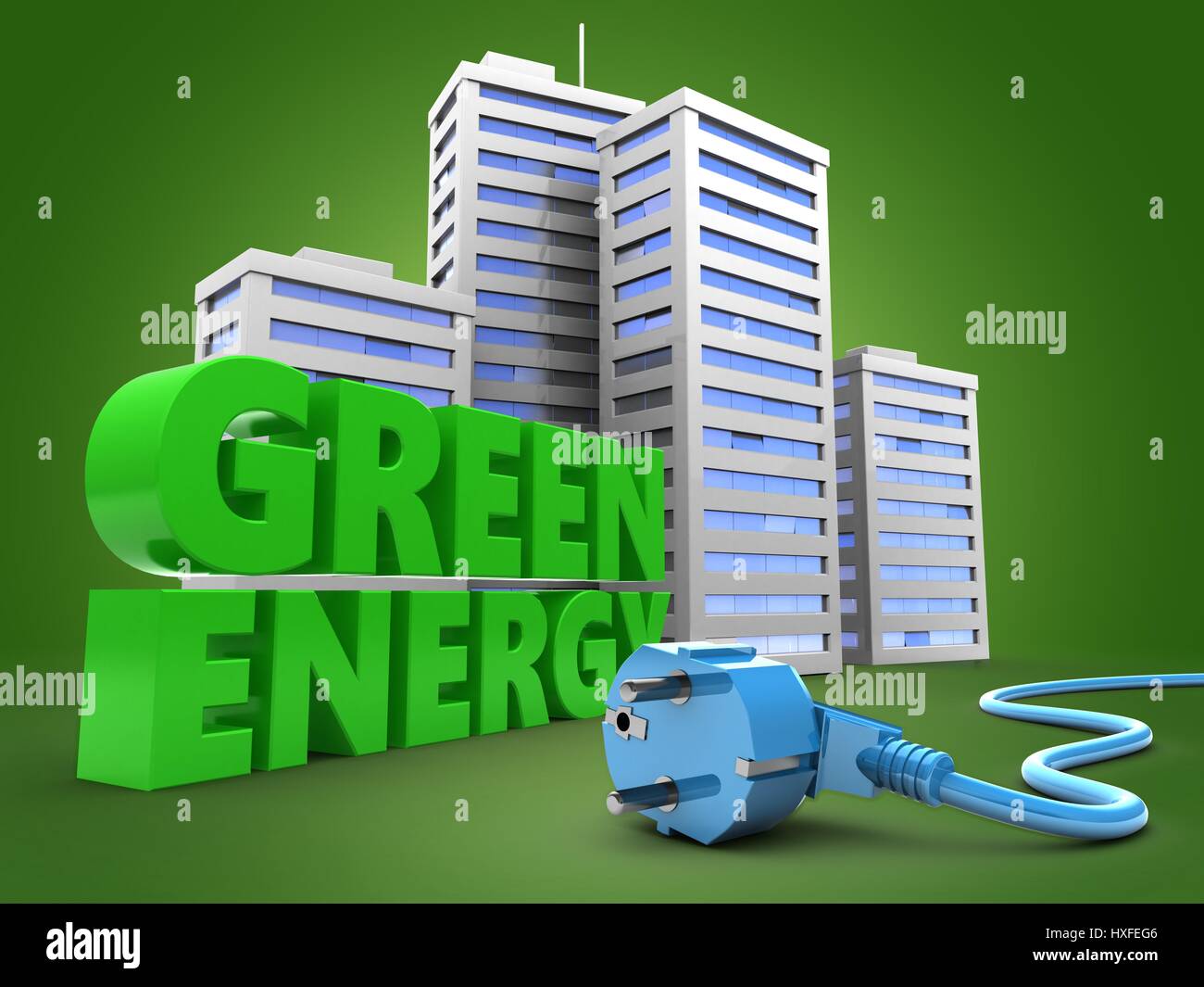 3d illustration of green sign over green background with city and power ...