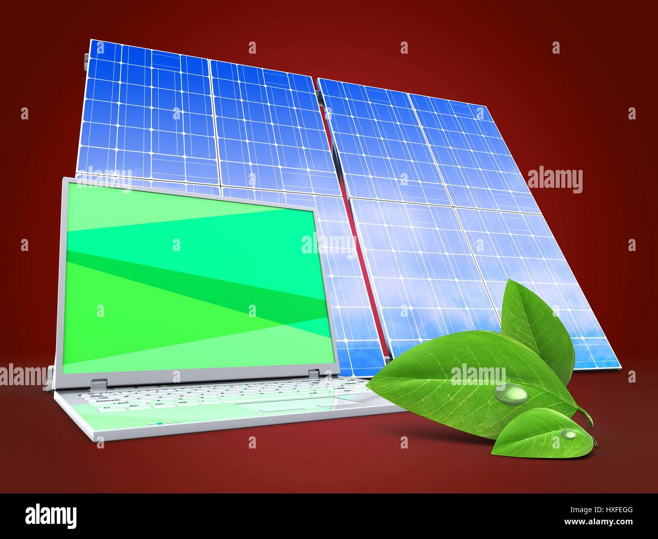 3d illustration of laptop computer over red background with solar panel ...