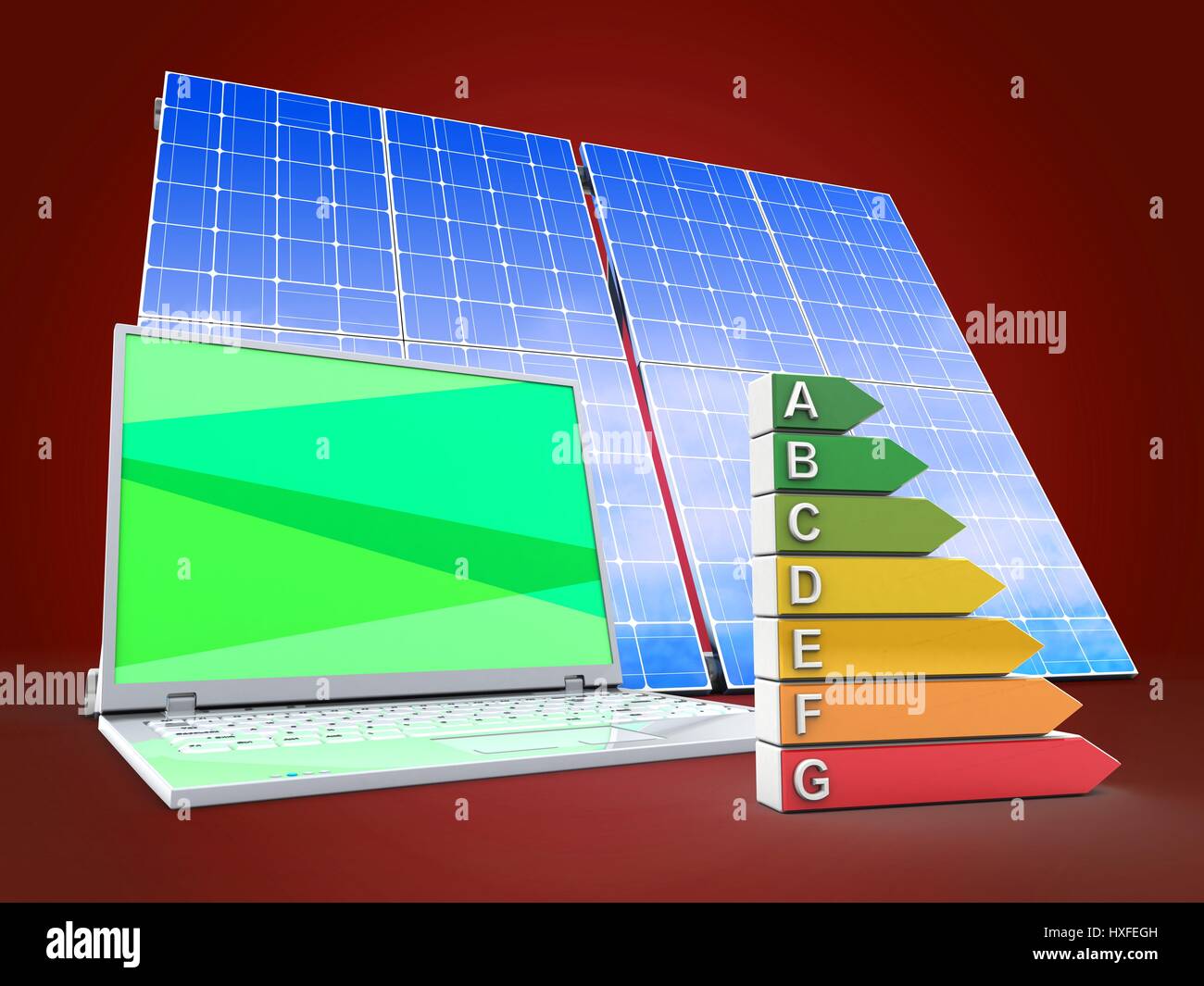 3d illustration of laptop computer over red background with solar panel ...