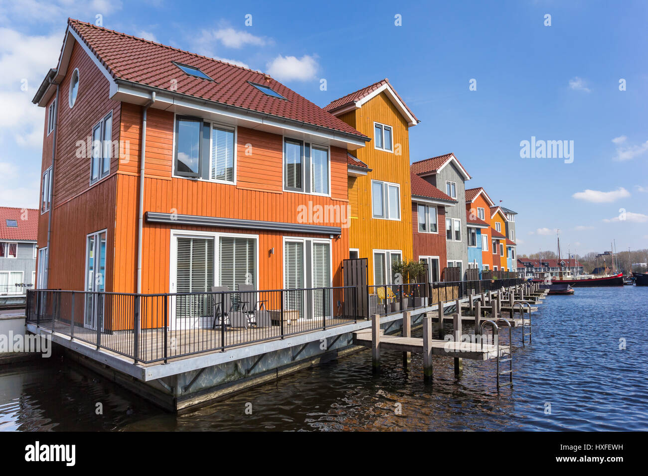 Colorful houses at the Reitdiephaven in Groningen, The Netherlands ...