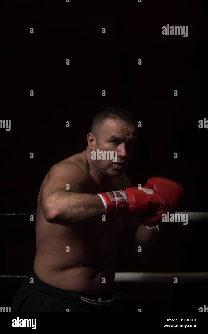 professional kickboxer with hands in martial arts position training for ...