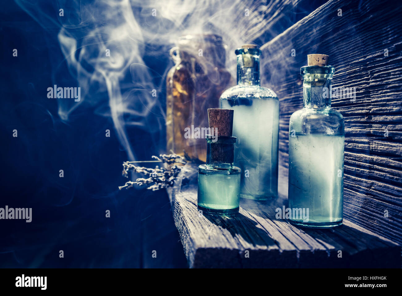 Magical witch lab with blue light and potion for Halloween Stock Photo ...
