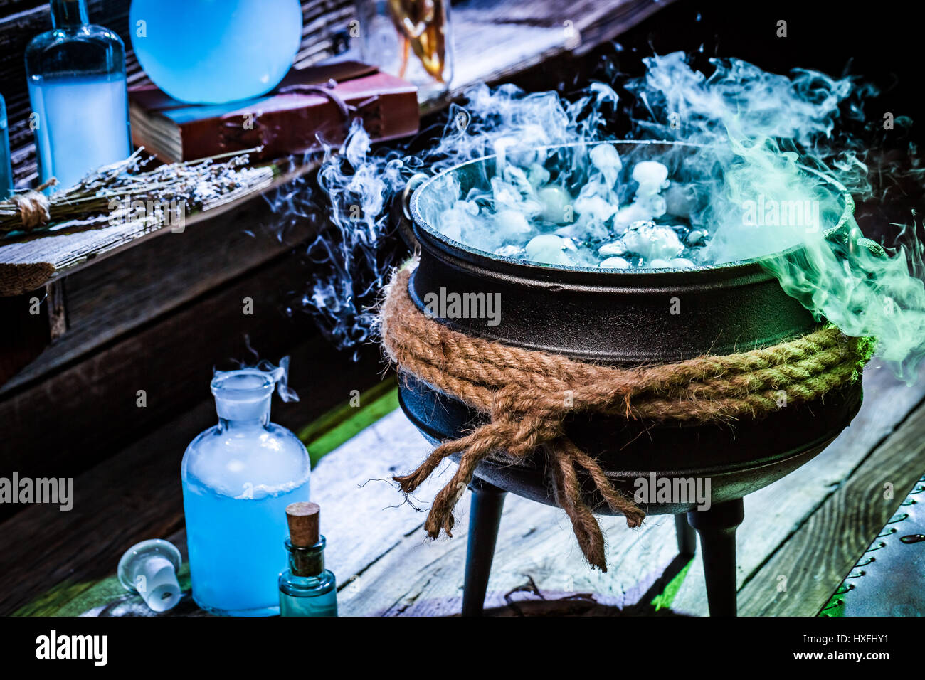 Full of magic mixture witch pot with blue smoke for Halloween Stock ...