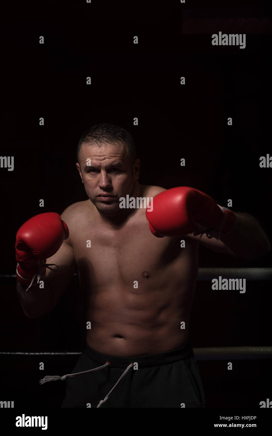 professional kickboxer with hands in martial arts position training for ...