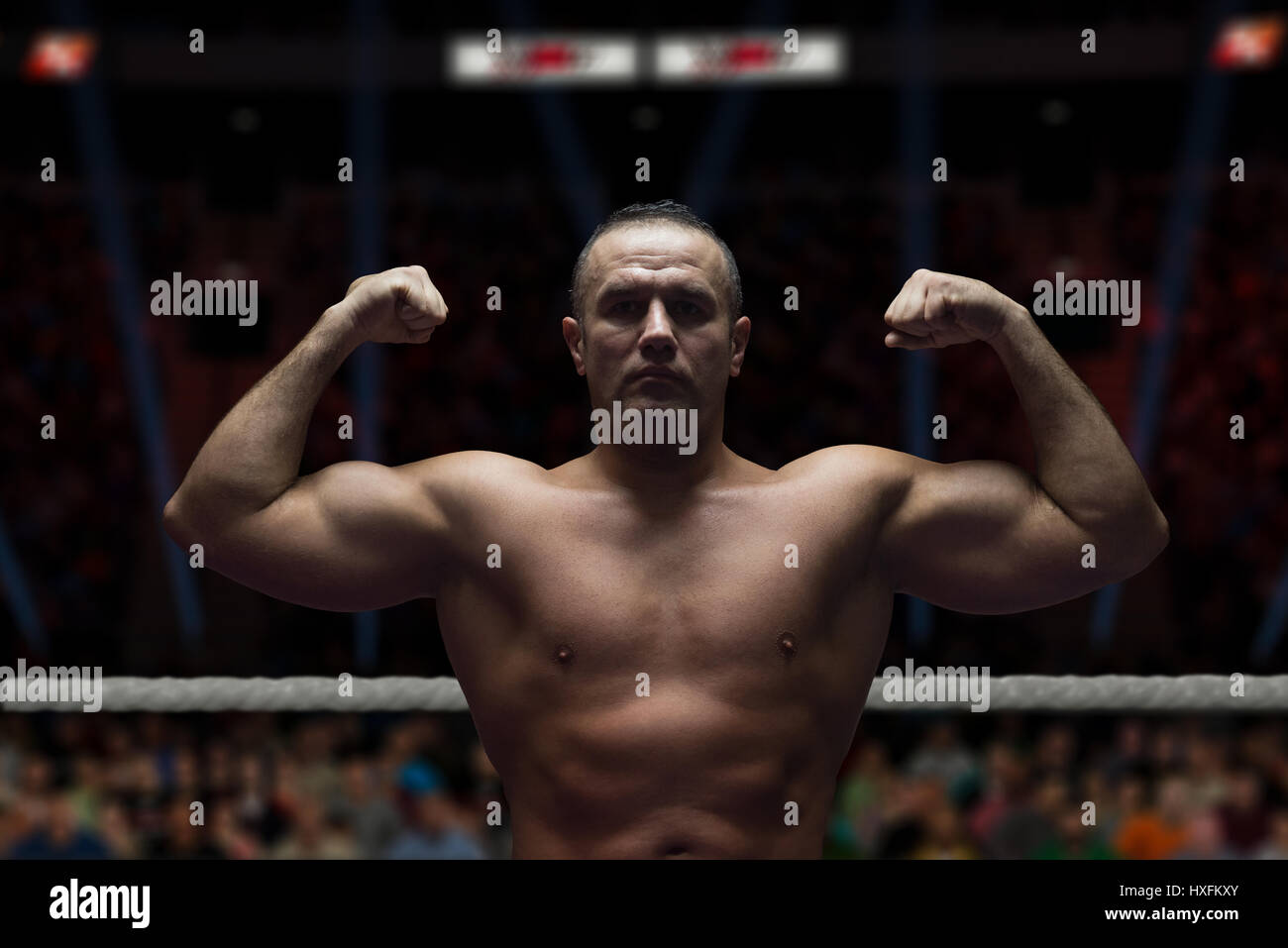 professional kickboxer with hands in martial arts position training for ...