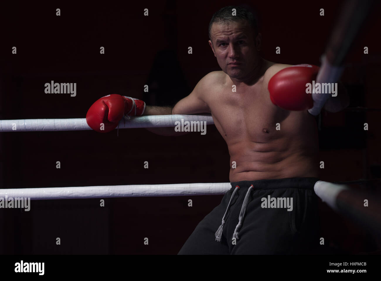 muscular professional kick boxer resting on the ropes in the corner of ...
