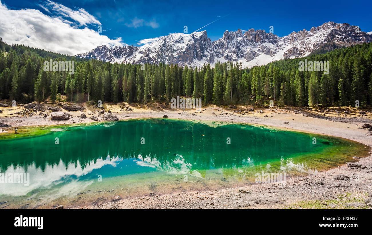 Stunning view to mountain Carezza lake in spring, Alps, Italy Stock ...