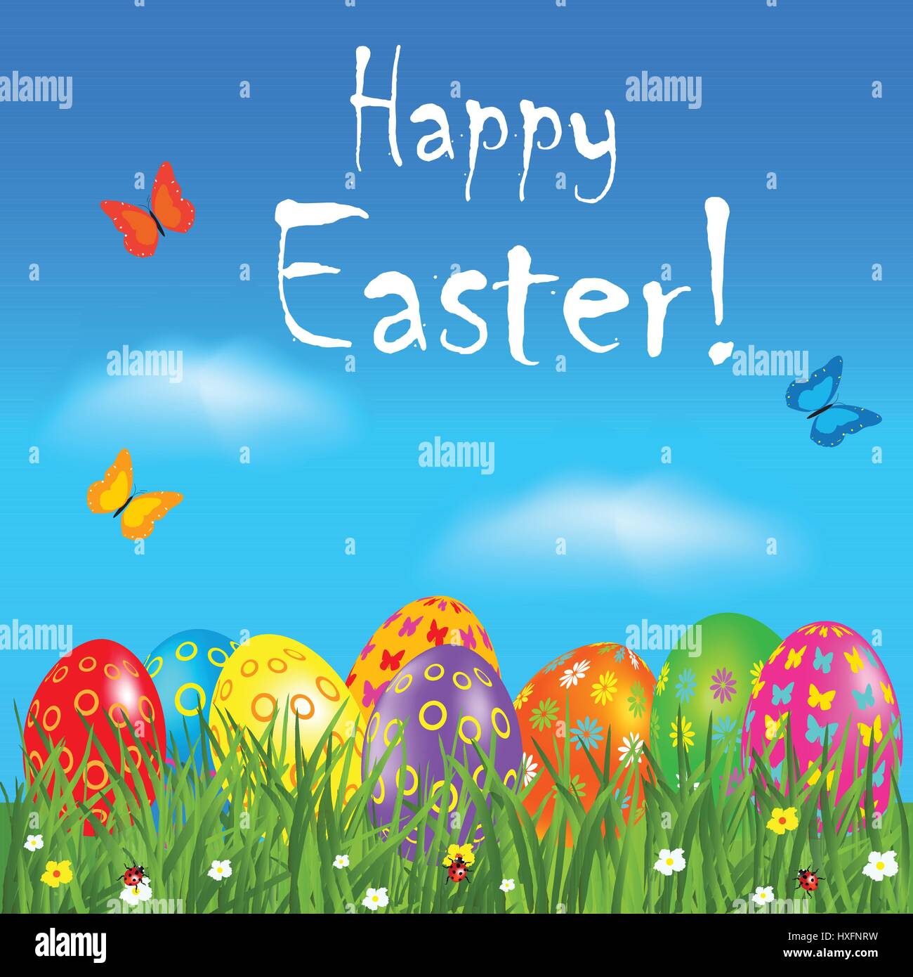 Easter greeting card with colorful eggs. Nature background with ...