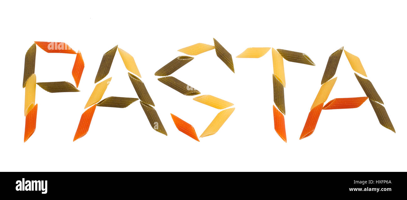 top view of word pasta written with three-colored penne wheat pasta ...