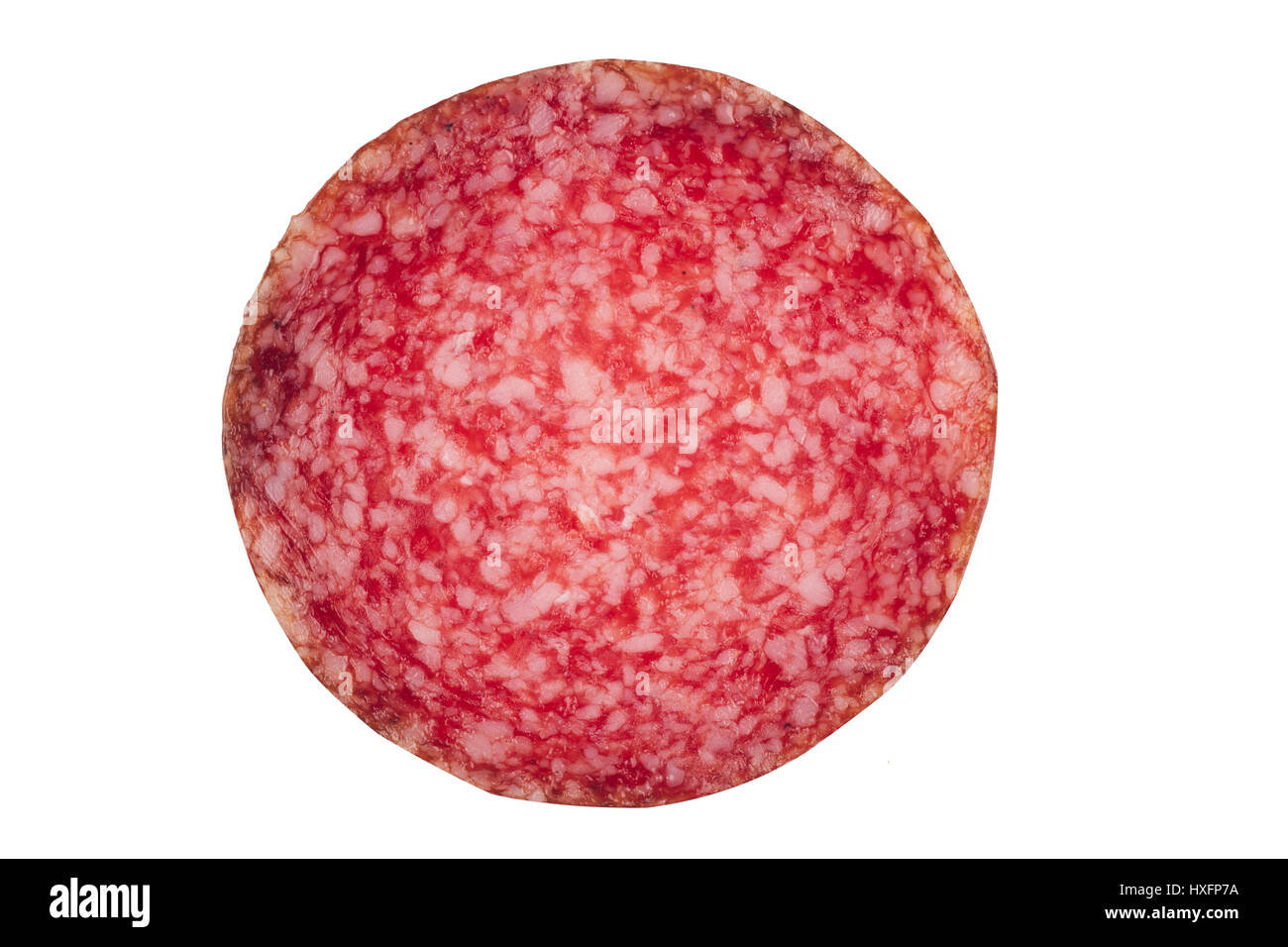 top view macro detail of smoked salami sausage slice texture isolated on white background Stock ...
