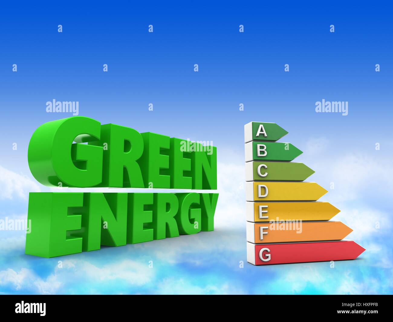 3d illustration of green sign over clouds background with efficient ...