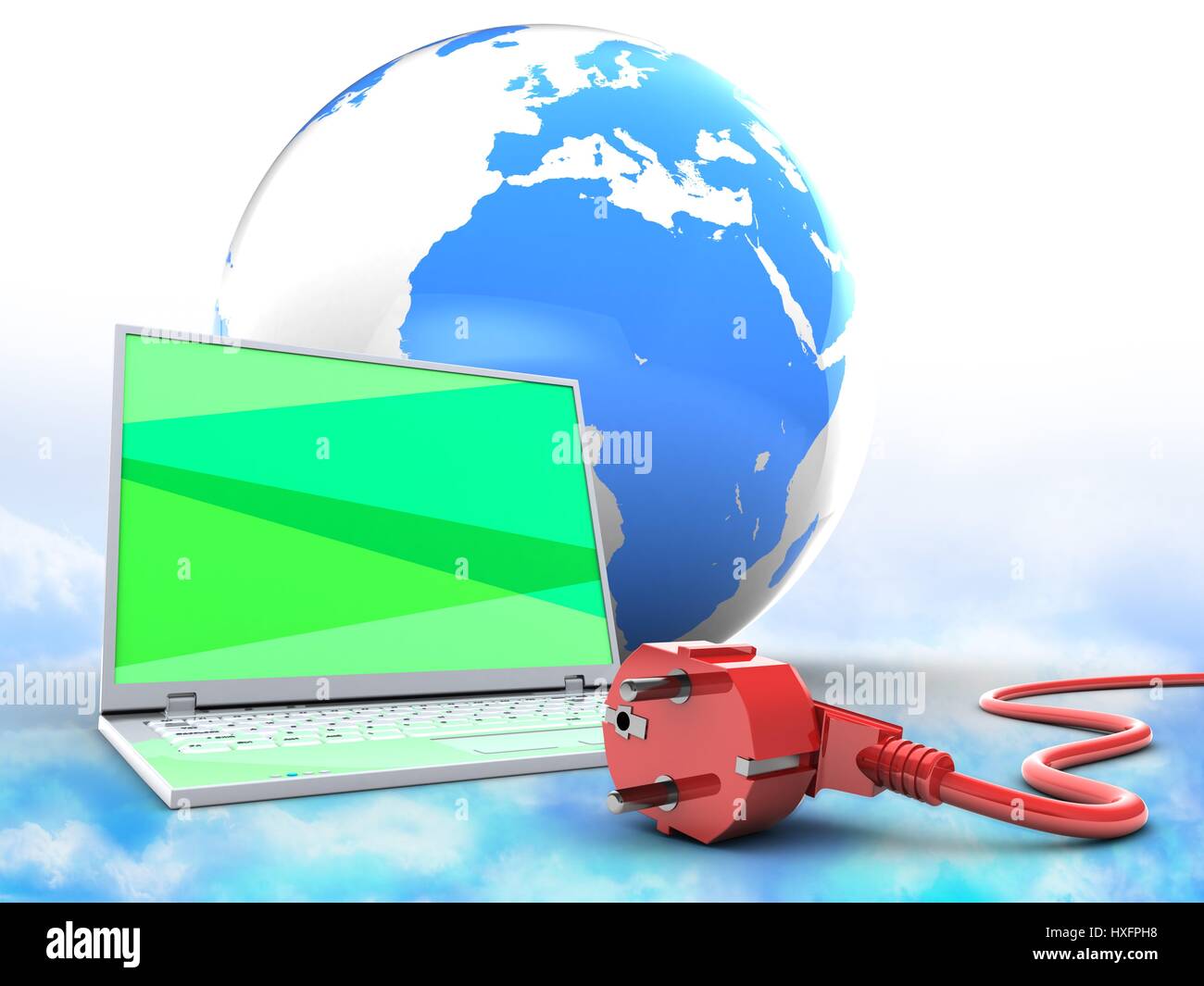 3d illustration of laptop computer over clouds background with earth ...
