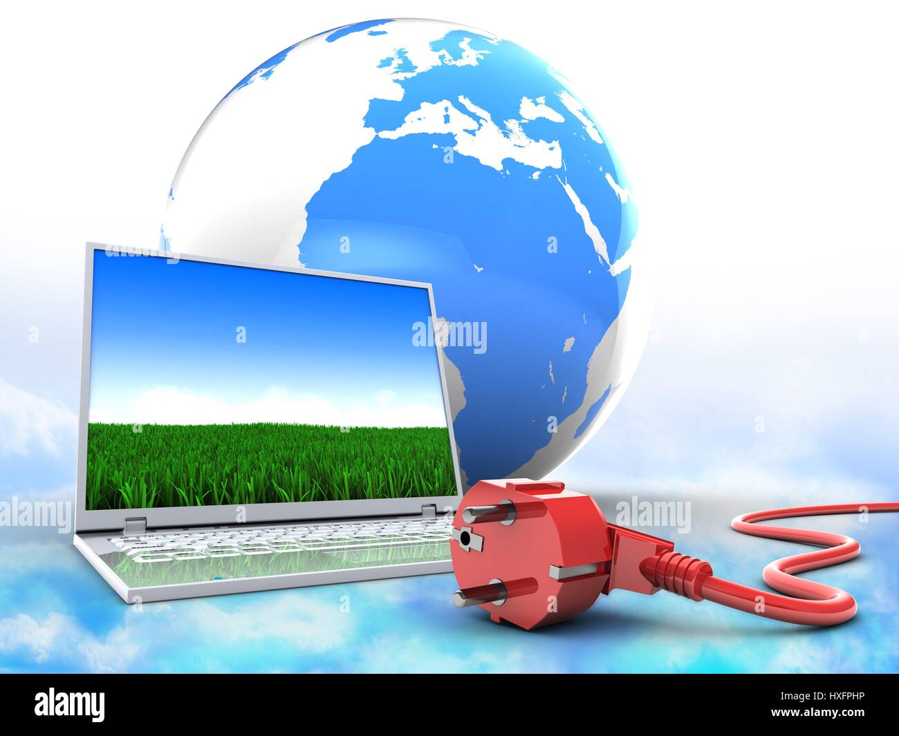 3d illustration of computer over clouds background with earth and power ...