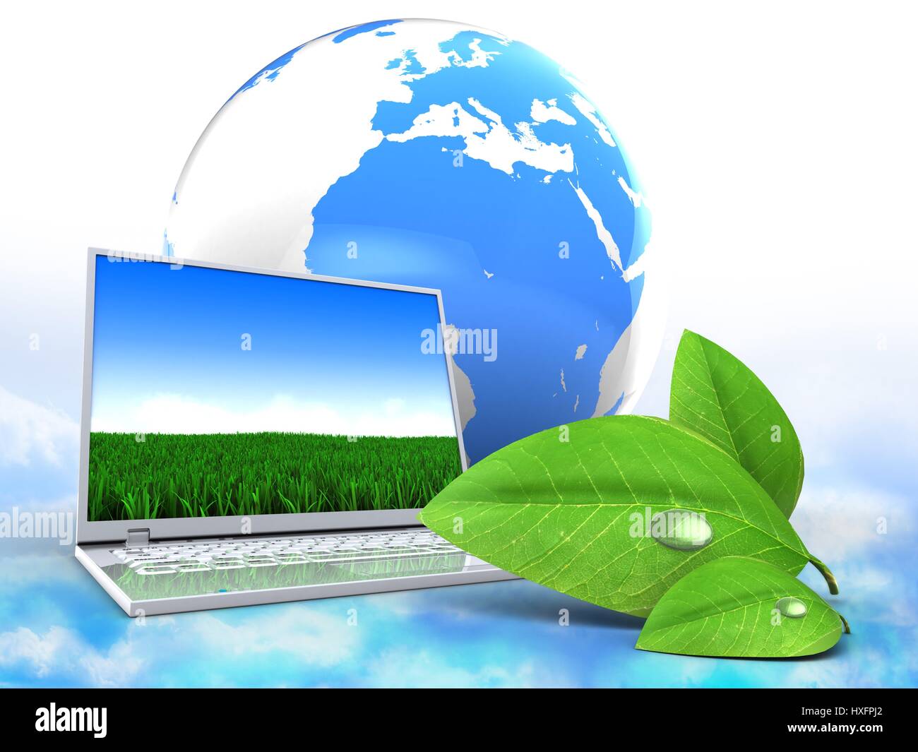 3d illustration of laptop computer over clouds background with earth ...