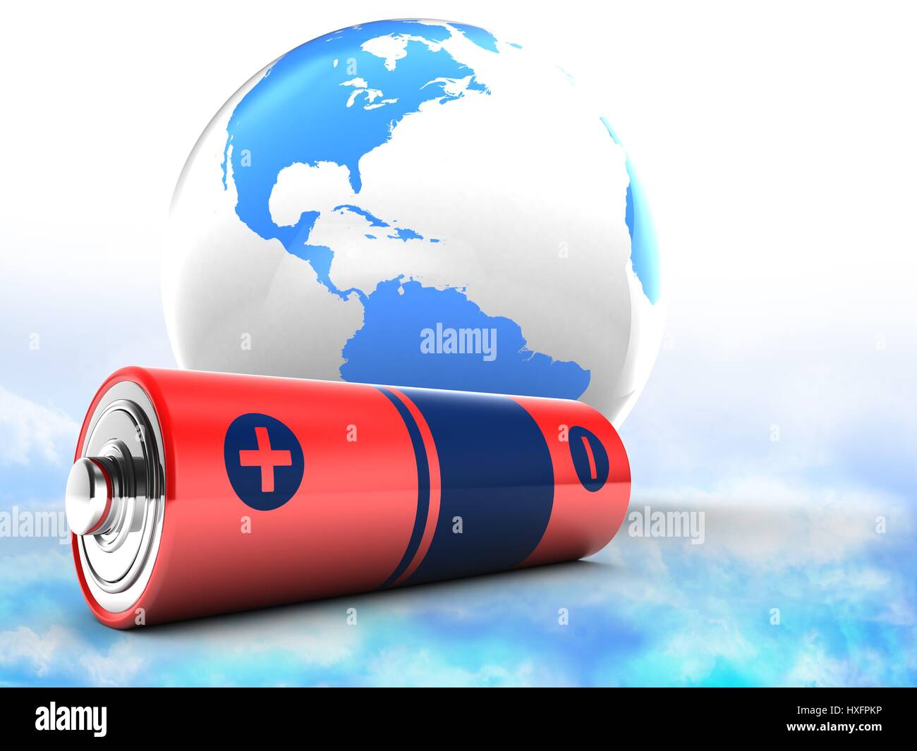 3d illustration of world globe over clouds background with battery ...