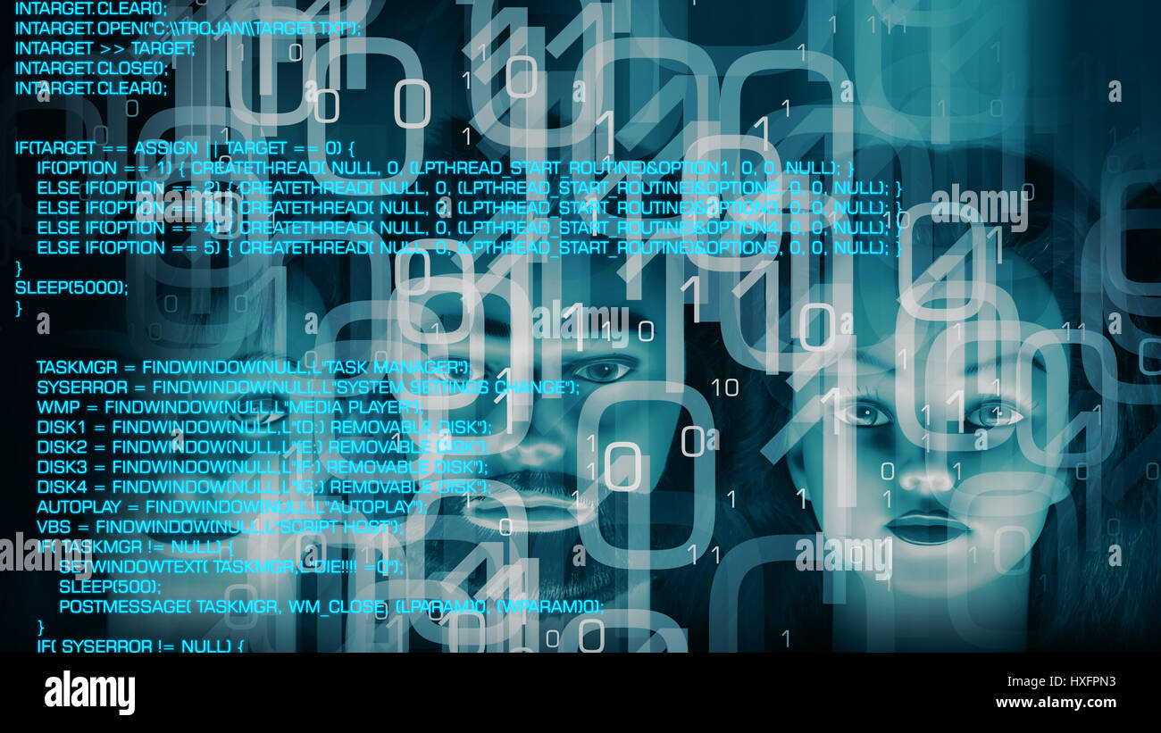 Science fiction robot with human face hacking computer Stock Photo - Alamy