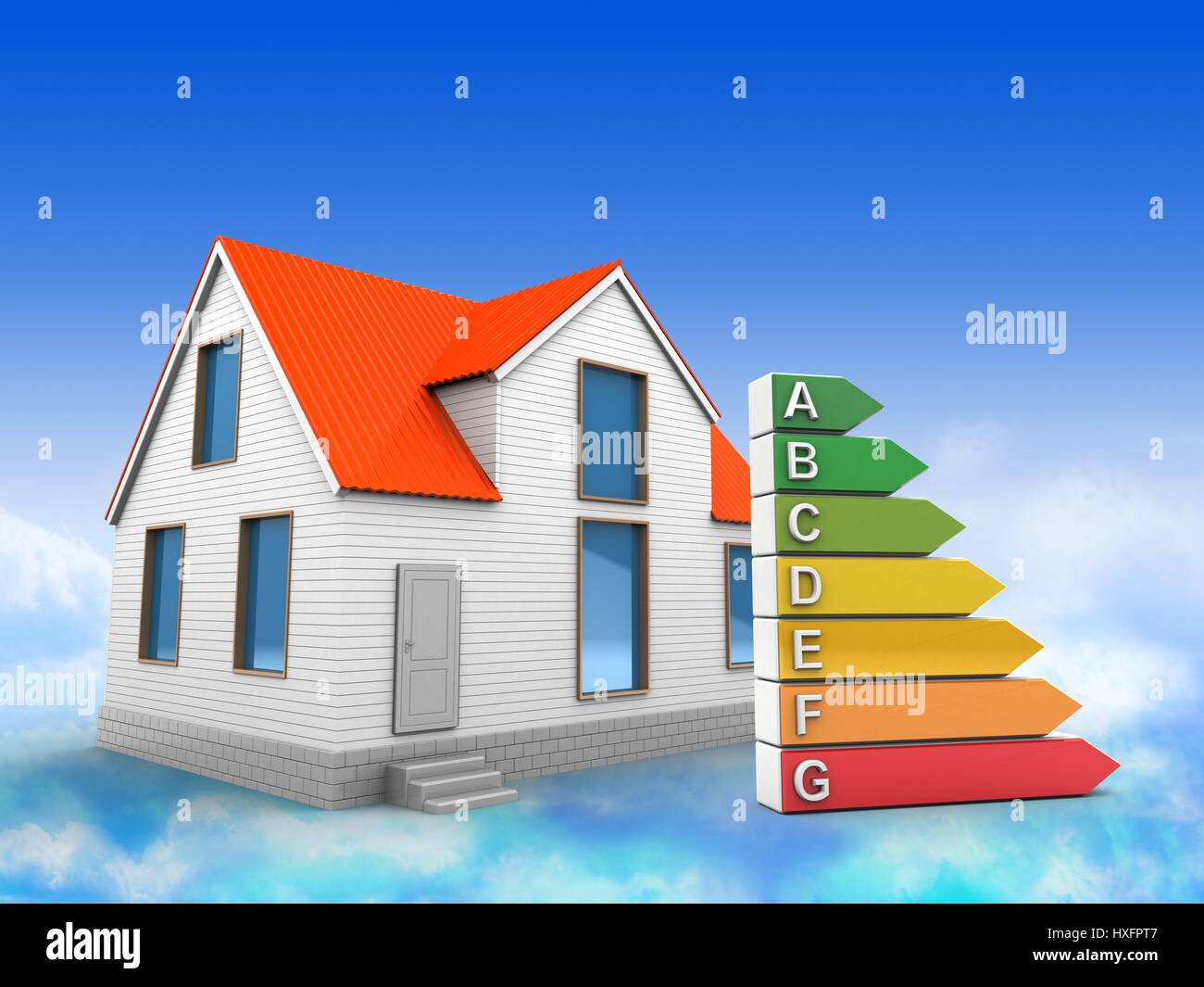 3d illustration of house over sky background with efficient ranks Stock ...