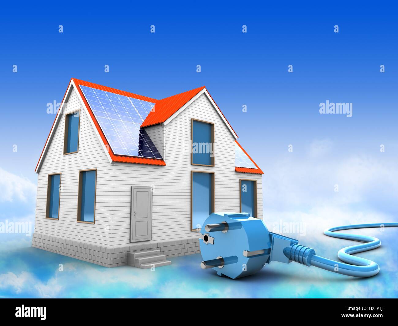3d illustration of modern house over sky background with power cord and ...