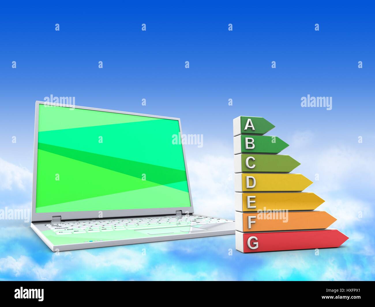 3d illustration of laptop computer over sky background with efficient ...