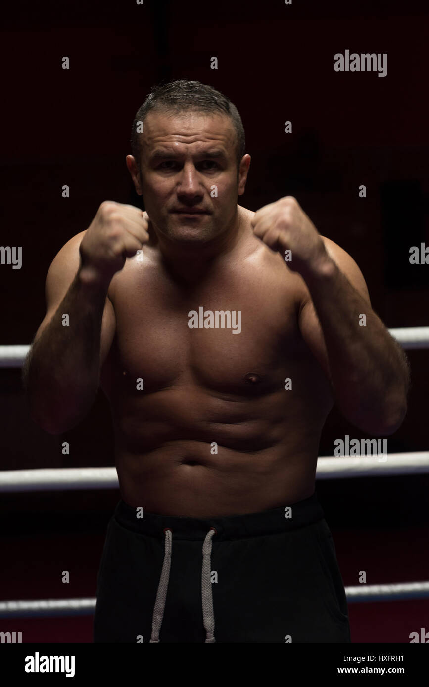 professional kickboxer with hands in martial arts position training for ...