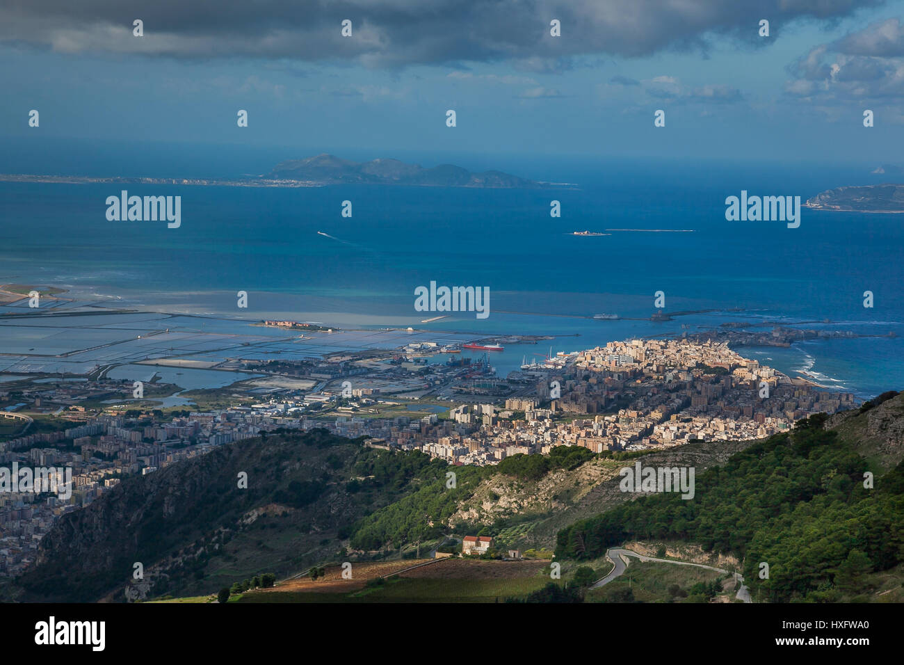 Erice, Trapani, Sicily, Italy - panoramic view in background Trapani ...