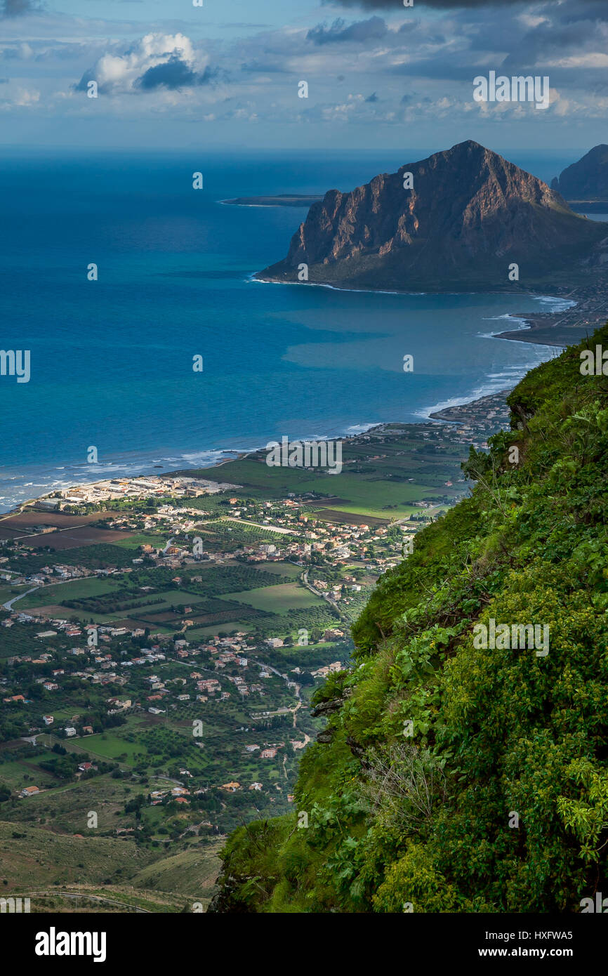 Erice, Trapani, Sicily, Italy - panoramic view in background Trapani ...