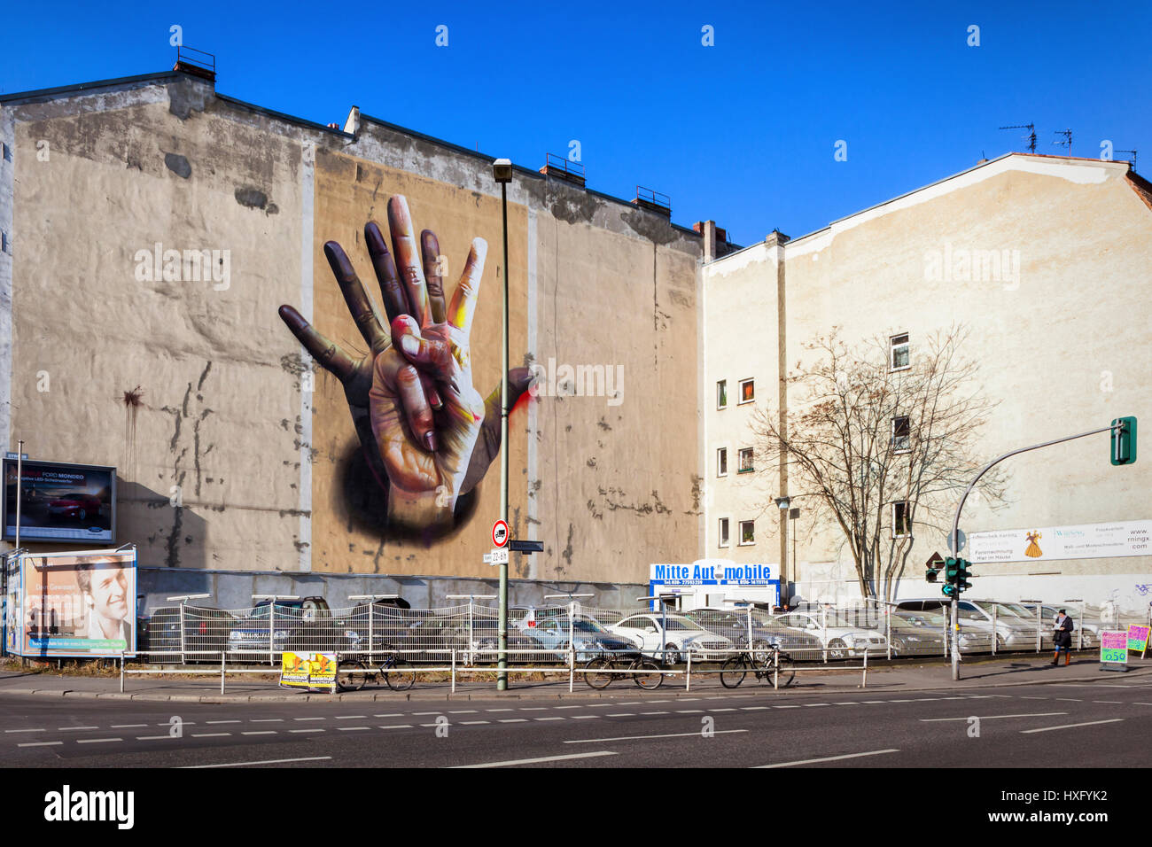 Berlin, Mitte, 'Unter der Hand " mural of overlapping hands by ...