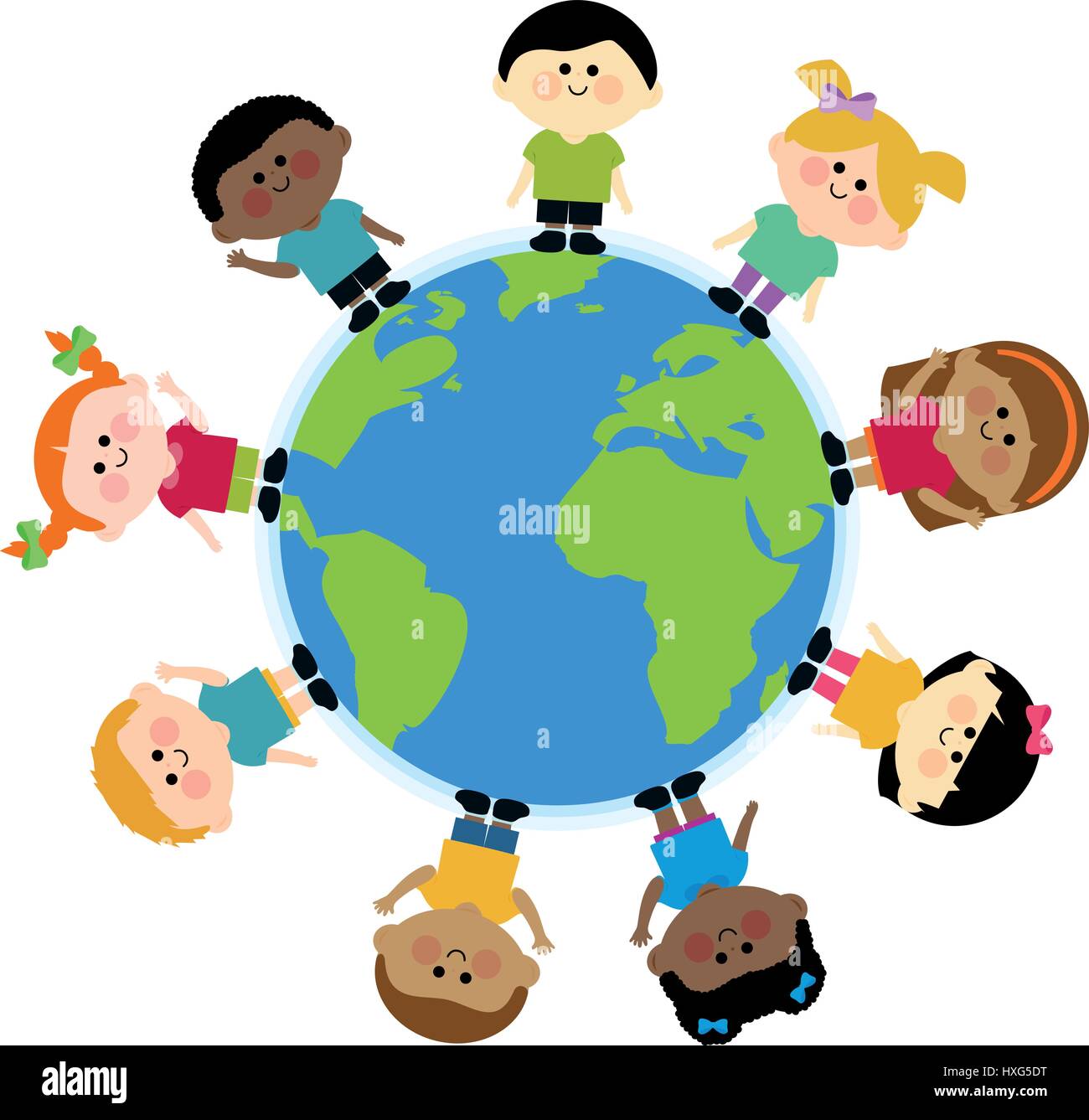 Happy diverse group of children around the world map. Multicultural ...