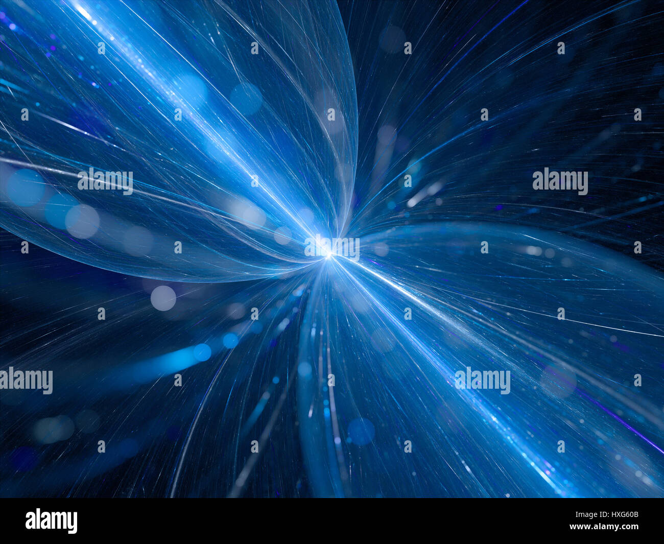 Blue glowing explosion with power field and particles in space ...