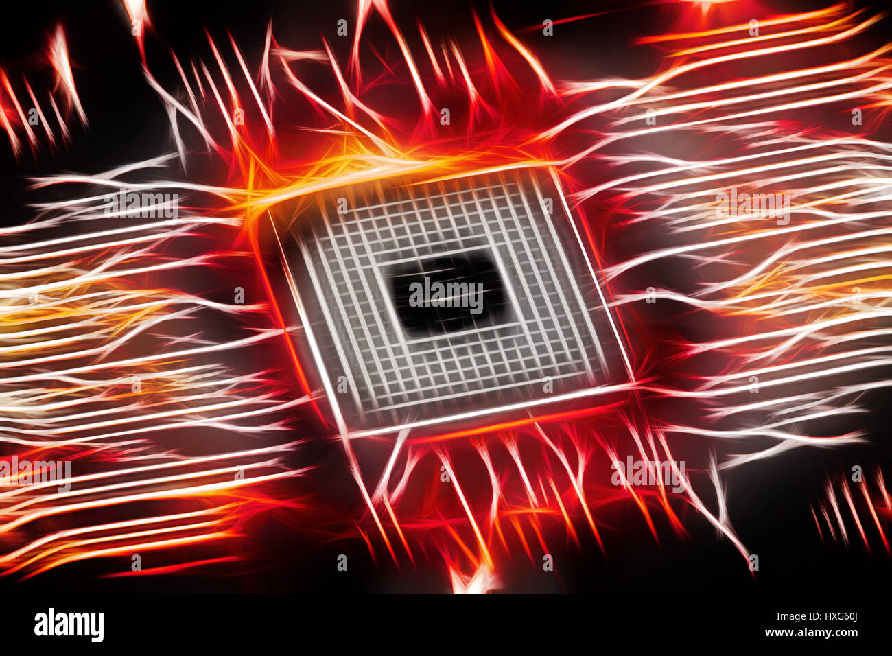 Fiery glowing cpu on motherboard, computer generated abstract background, 3D rendering Stock ...