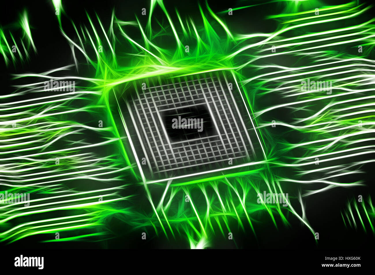Green glowing cpu on motherboard, computer generated abstract ...
