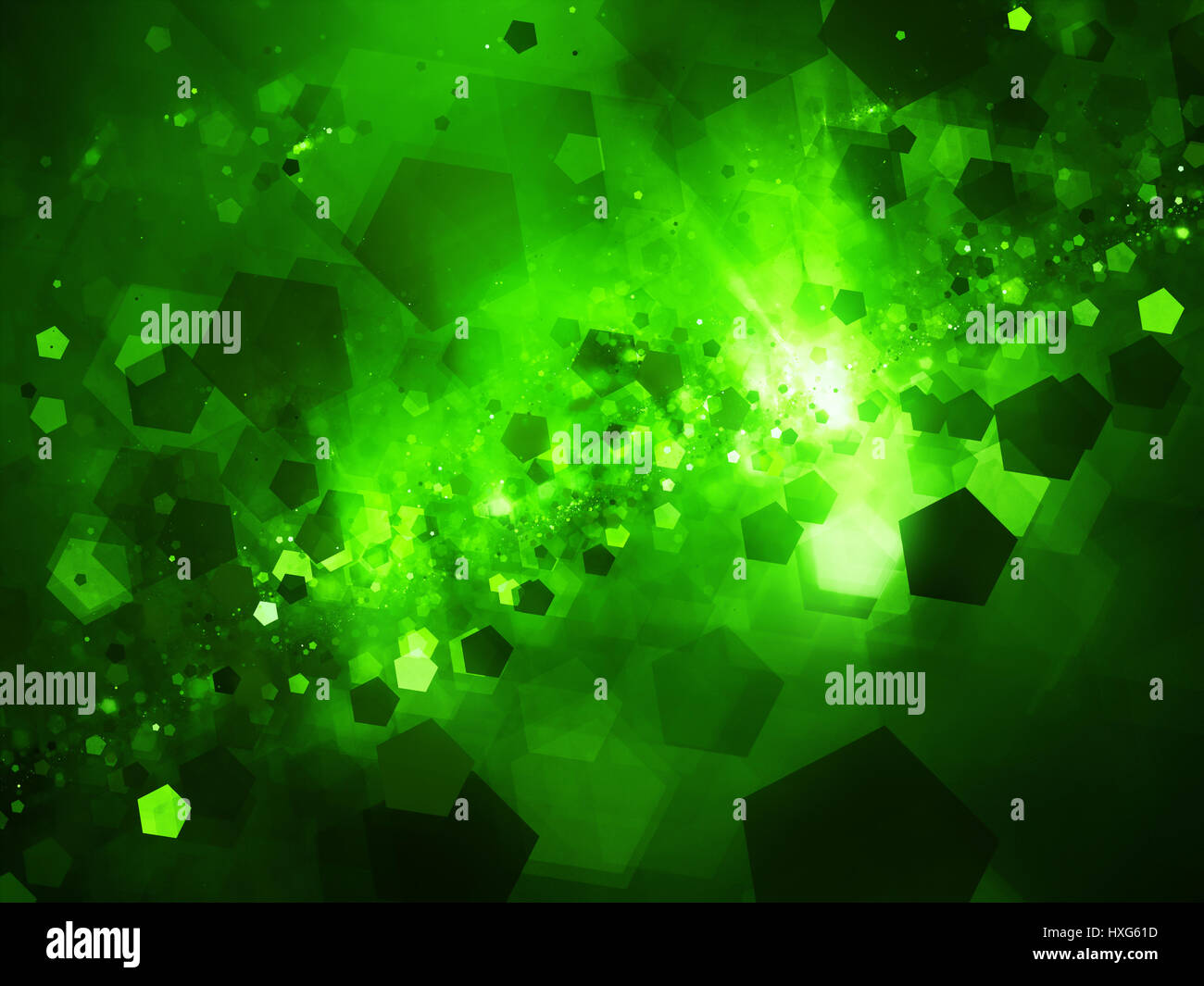 Green glowing nebula in deep space with pentagon particles, computer ...