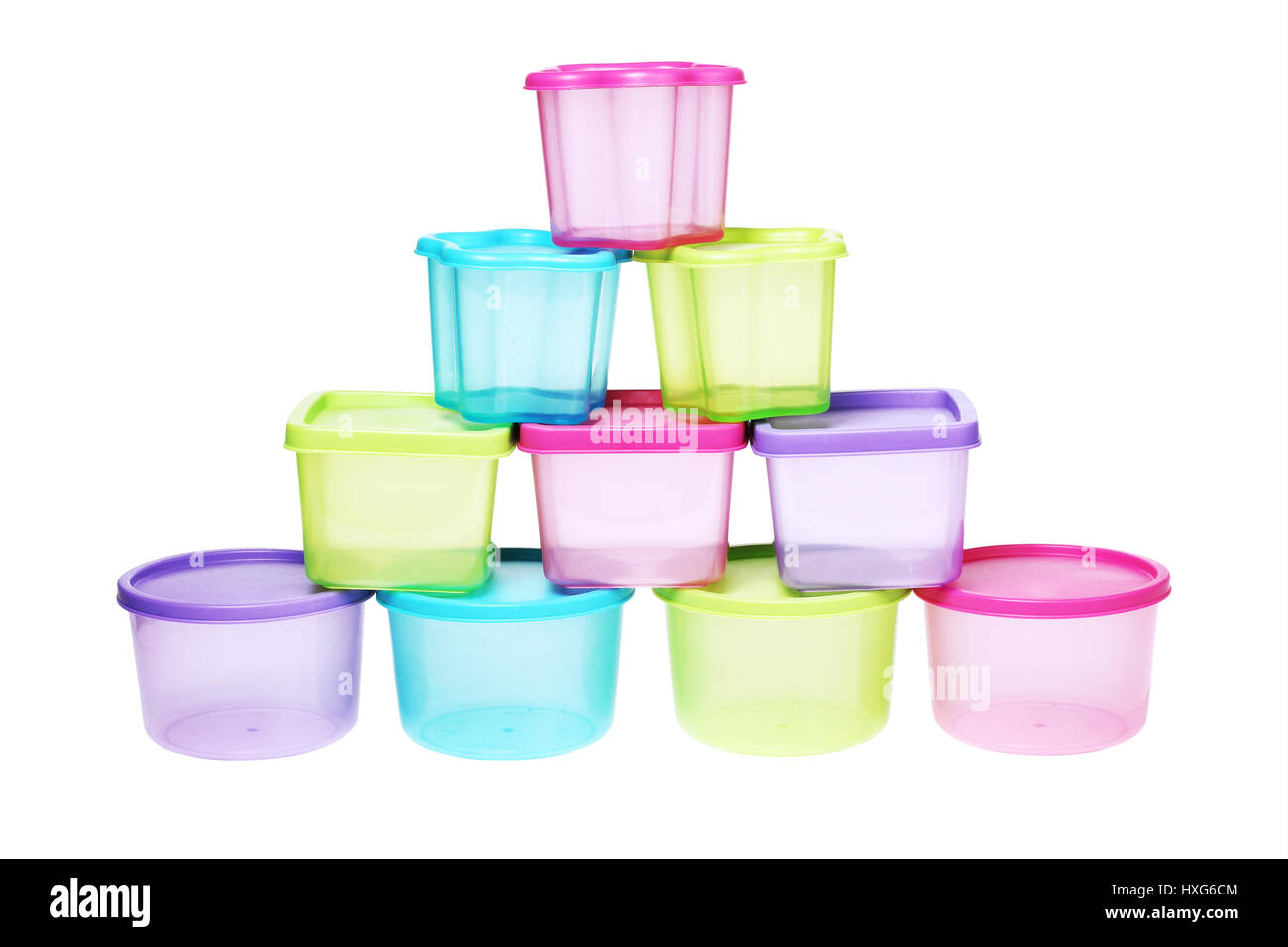 Stack of Colourful Plastic Containers on White Background Stock Photo ...