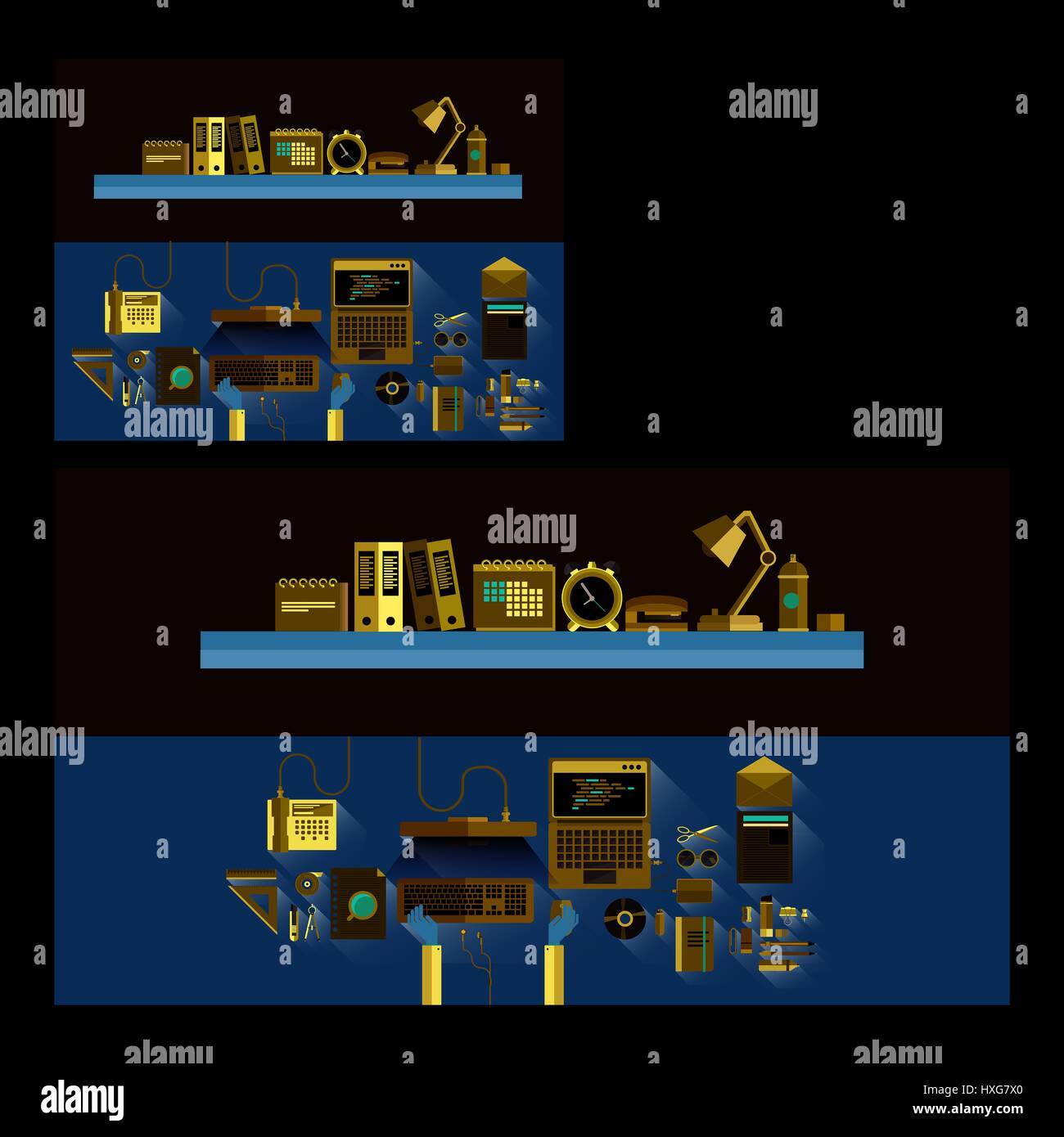 Vector of office supplies on office desk and shelf Stock Photo - Alamy