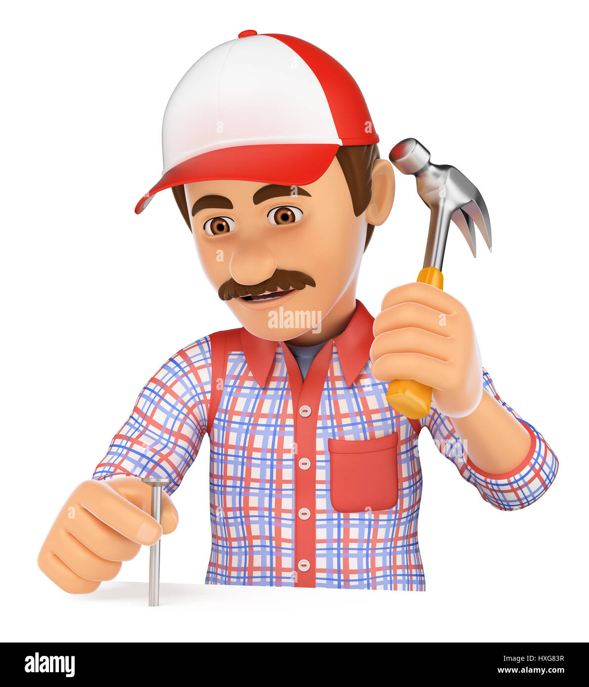 3d working people illustration. Worker nailing a nail with a hammer ...
