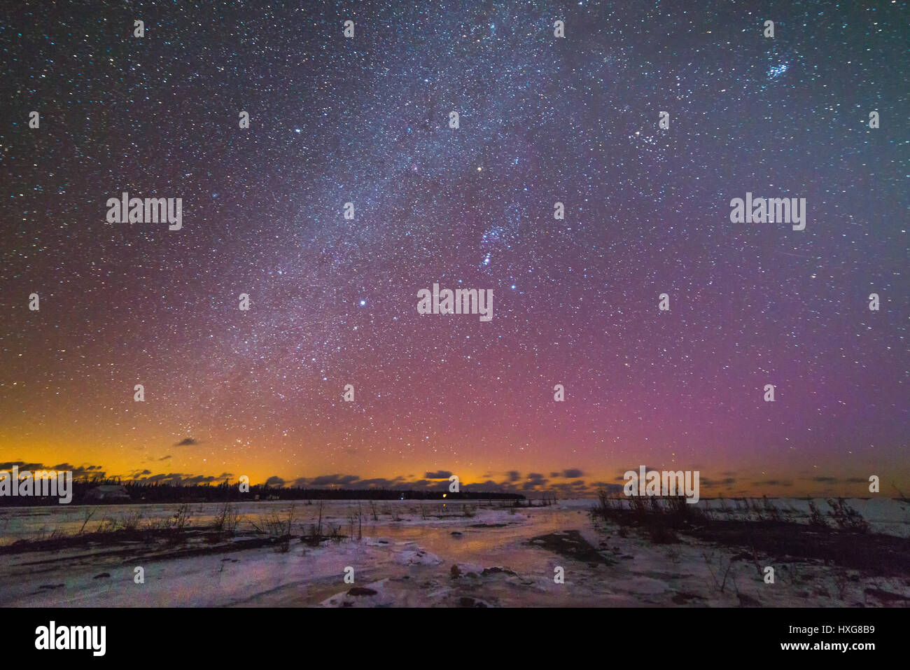 Frozen Lake Huron shoreline near Tobermory in winter with snow around ...