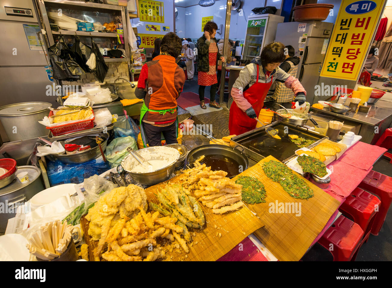 Shop selling tuigim (Korean deep fried vegetables) in Gukje Market, aka ...