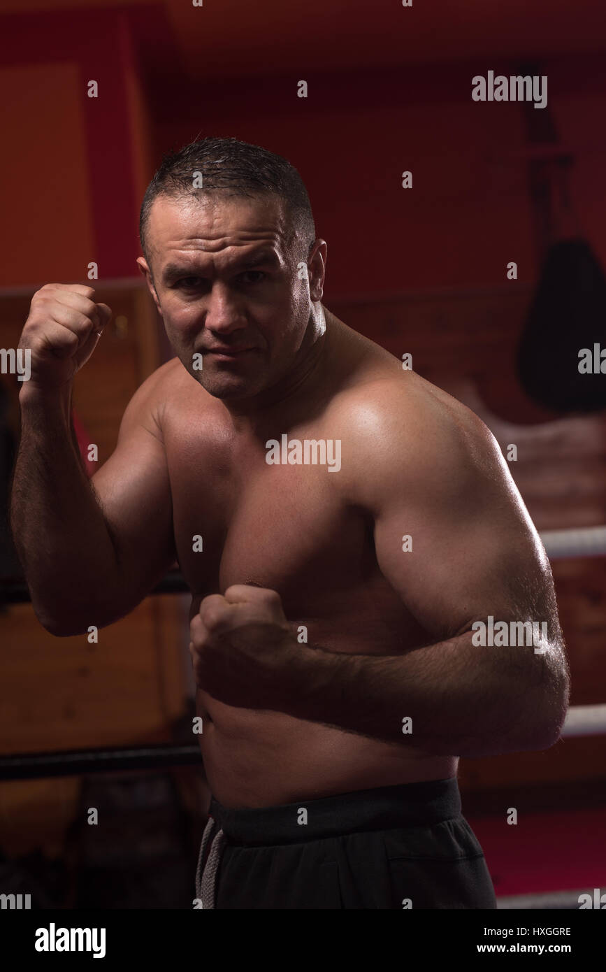 professional kickboxer with hands in martial arts position training for ...