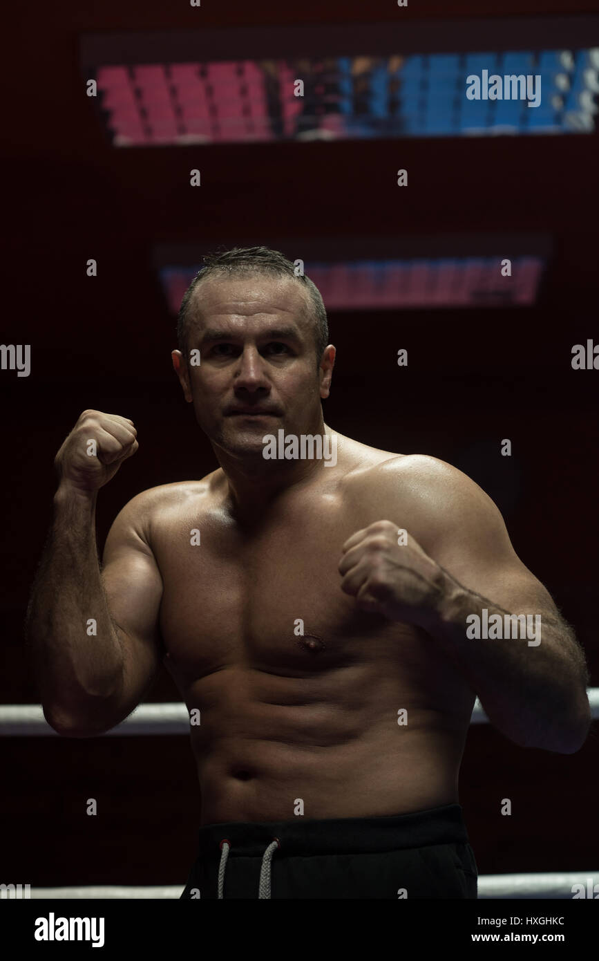 professional kickboxer with hands in martial arts position training for ...